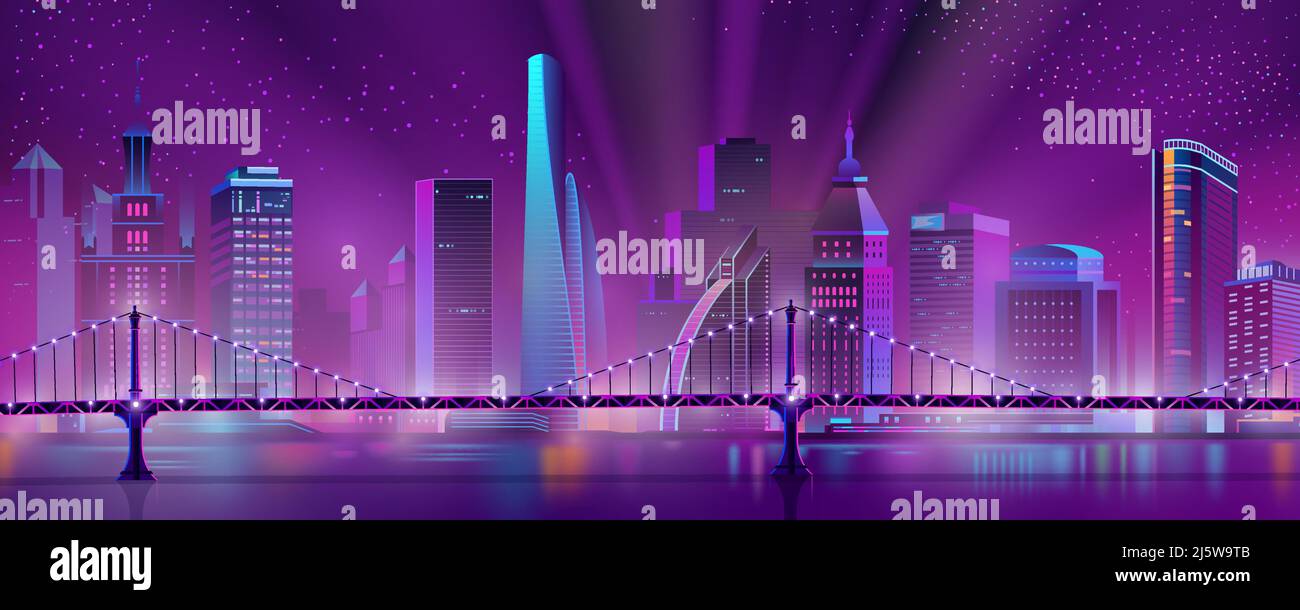 Modern city skyline neon color cartoon vector with illuminated ...