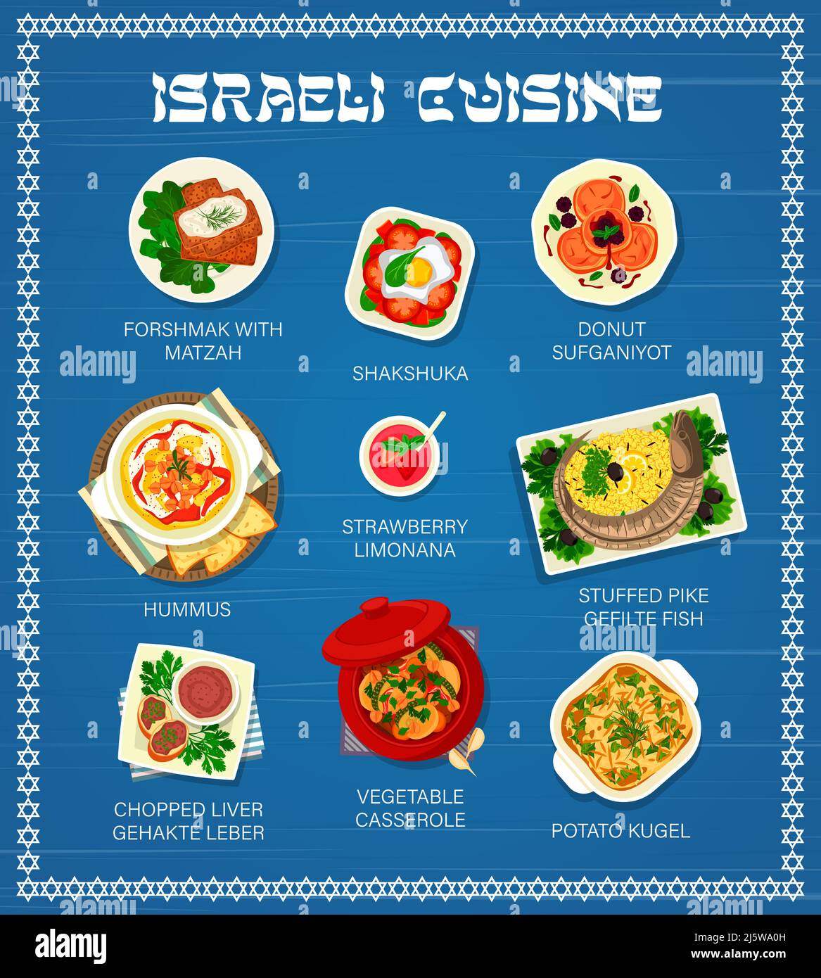 Israeli cuisine menu, Israel food shakshuka and hummus, vector Jewish ...