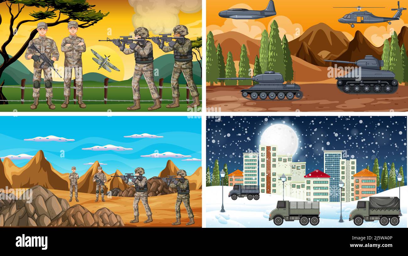 Set of different army war scenes illustration Stock Vector Image & Art ...