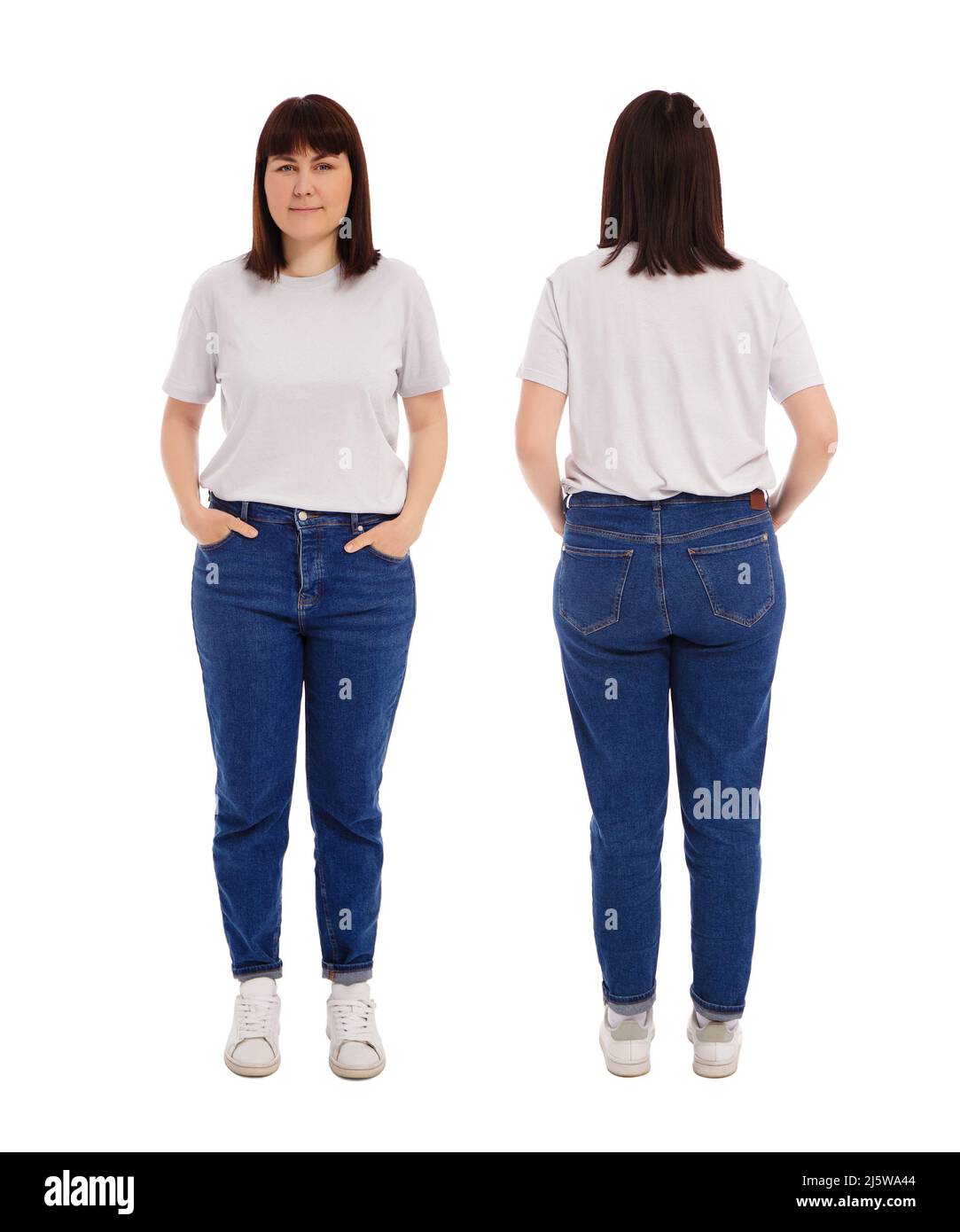 front and back view of woman in casual clothes isolated on white ...