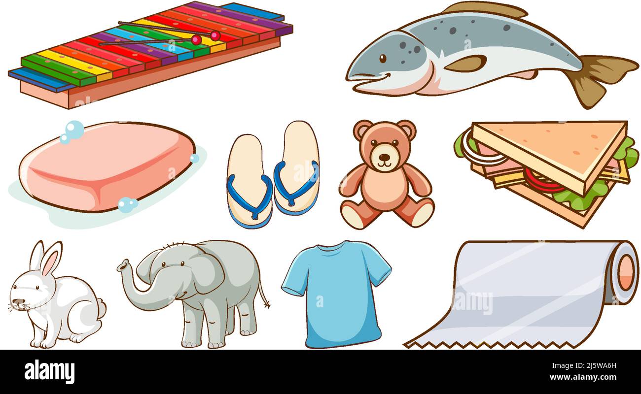Cute animals and other items on white background illustration Stock ...