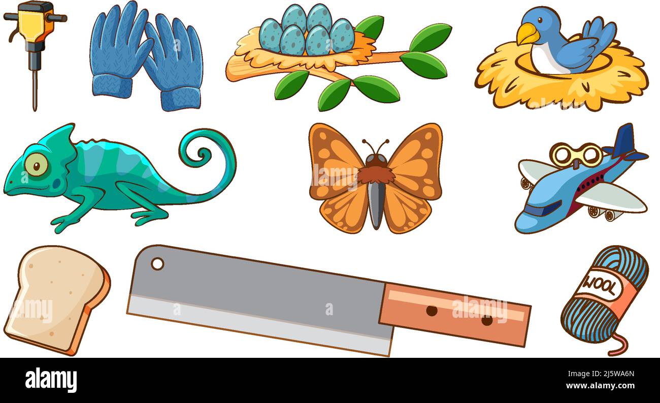 Different objects and animals on white background illustration Stock ...
