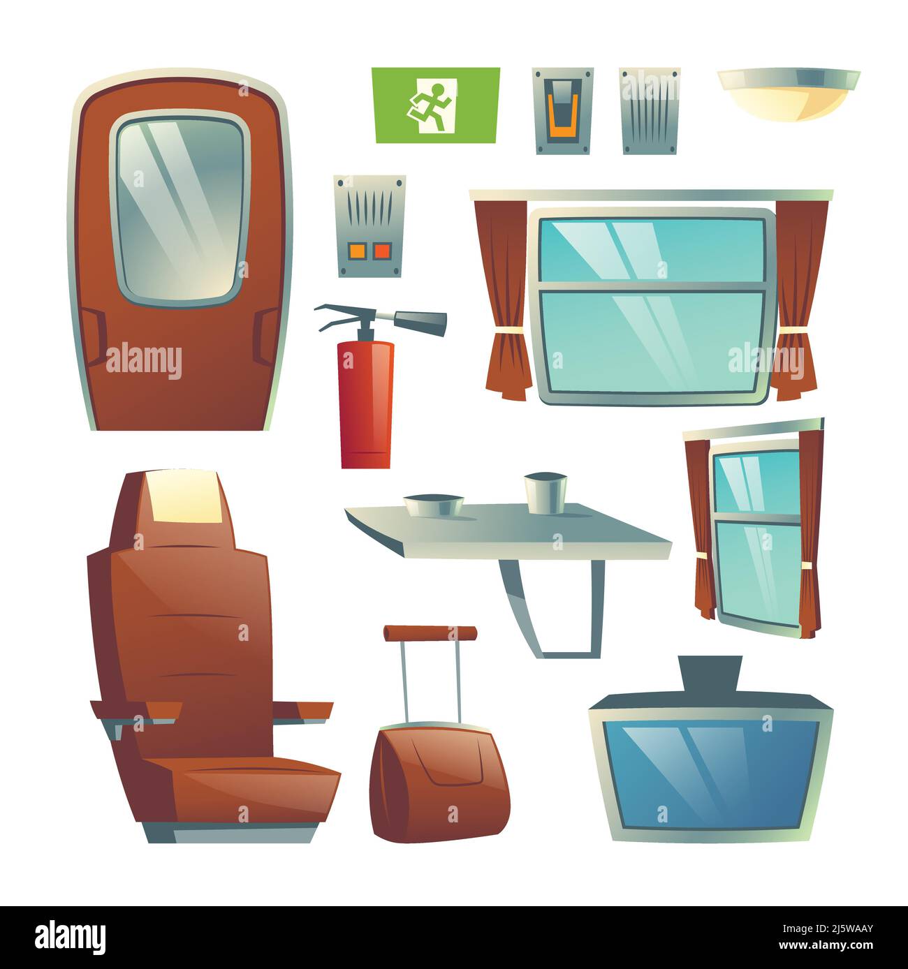 Railway passenger train wagon saloon interior design elements cartoon ...