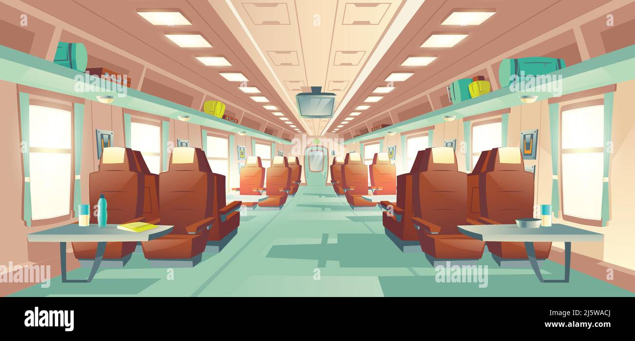 Modern passenger long distance travel train business class wagon empty ...