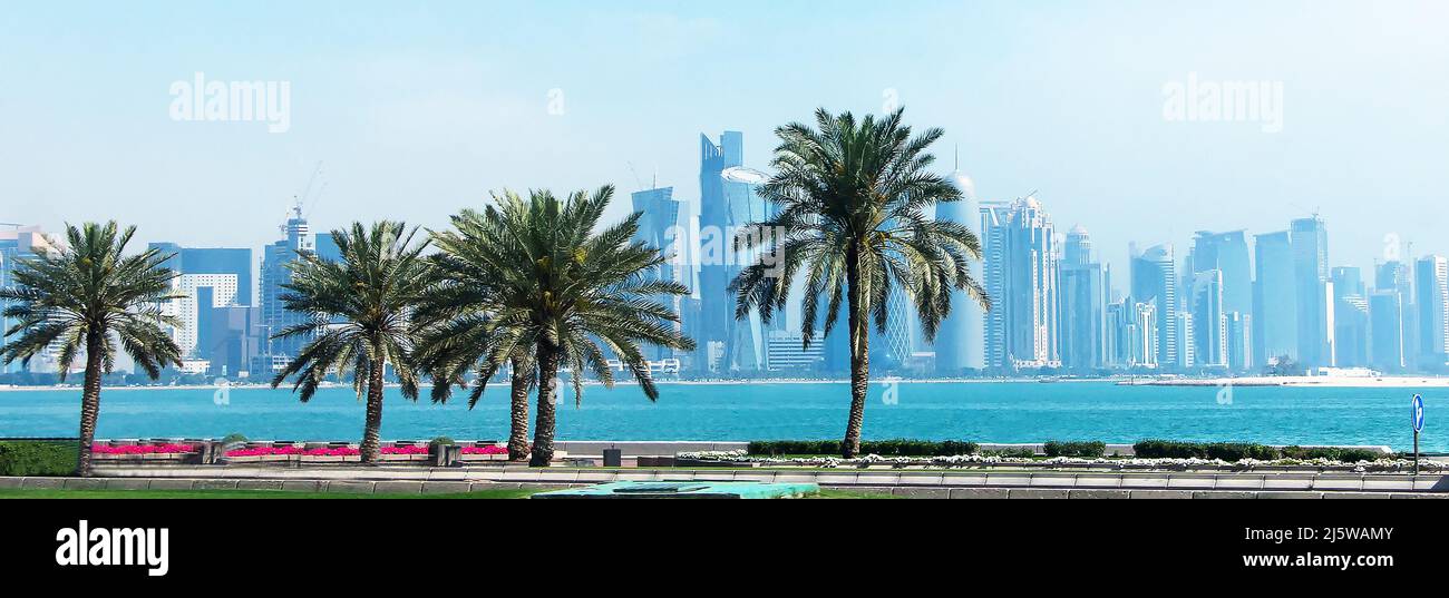 Panoramic view on financial center of DOHA QATAR from West Bay Stock ...