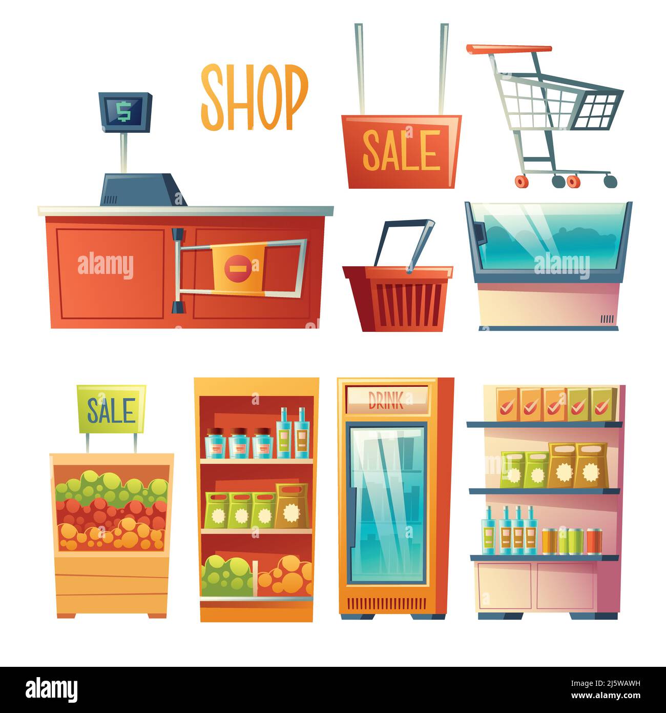 Grocery store equipment, furniture cartoon vector set isolated on white ...