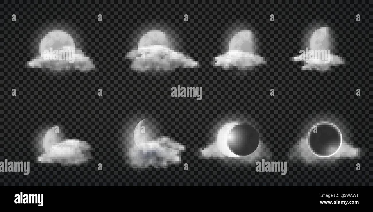 Night weather forecast realistic vector icons set. Lunar eclipse, moon ...