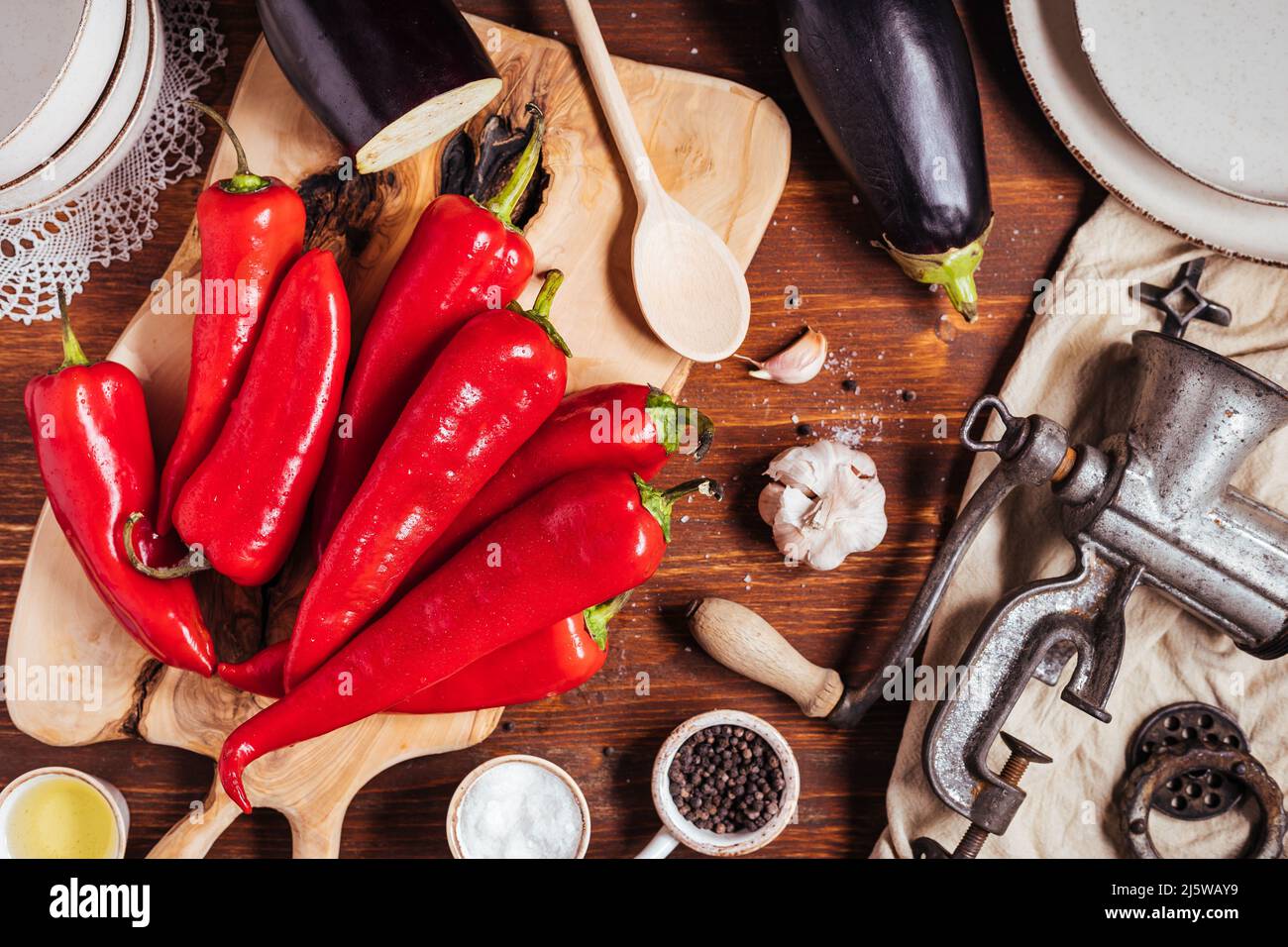 Spread called ajvar made from red peppers and eggplant, recipe making ...