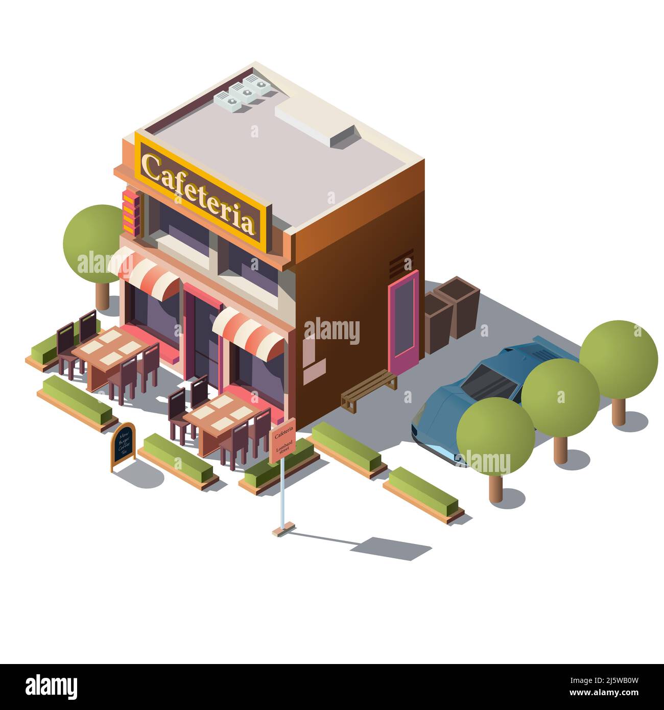 Vector 3d isometric cafeteria - open restaurant with veranda and tables ...