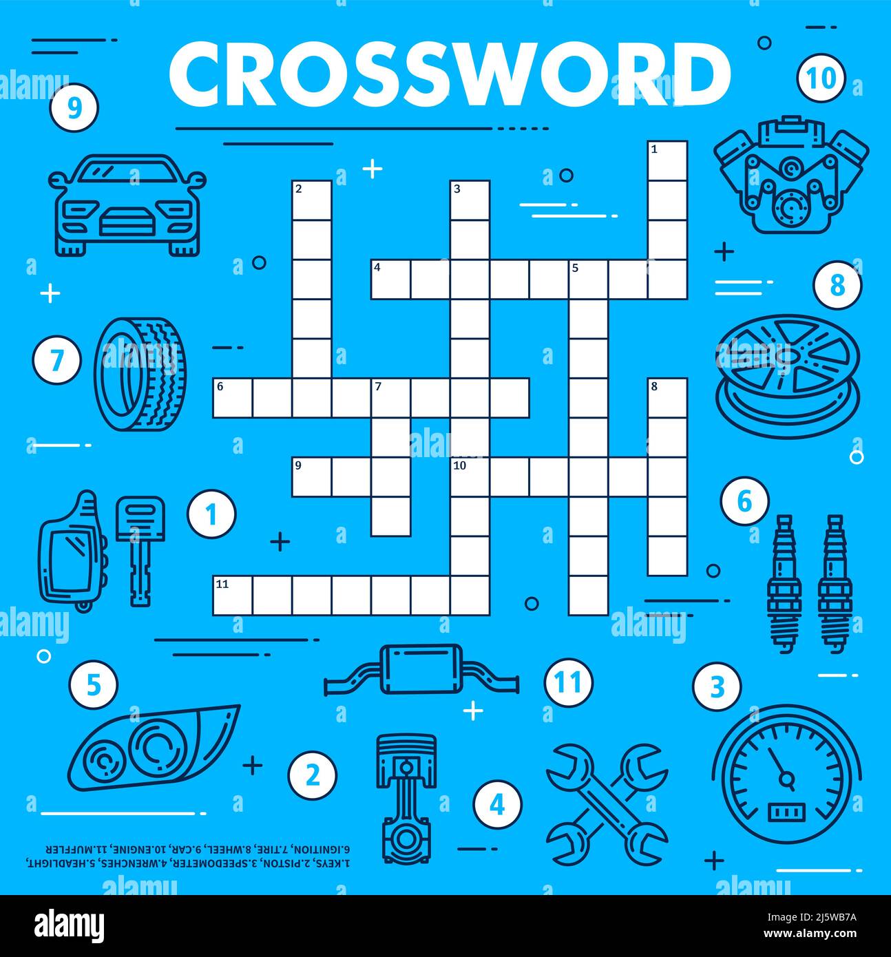 Car service and spare parts crossword grid worksheet, vector find word ...