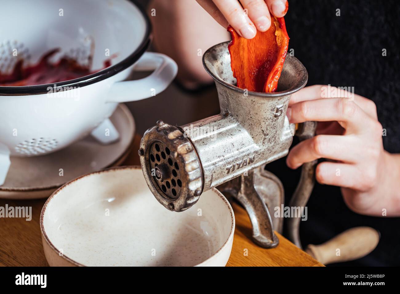 Spread called ajvar made from red peppers and eggplant, recipe making ...