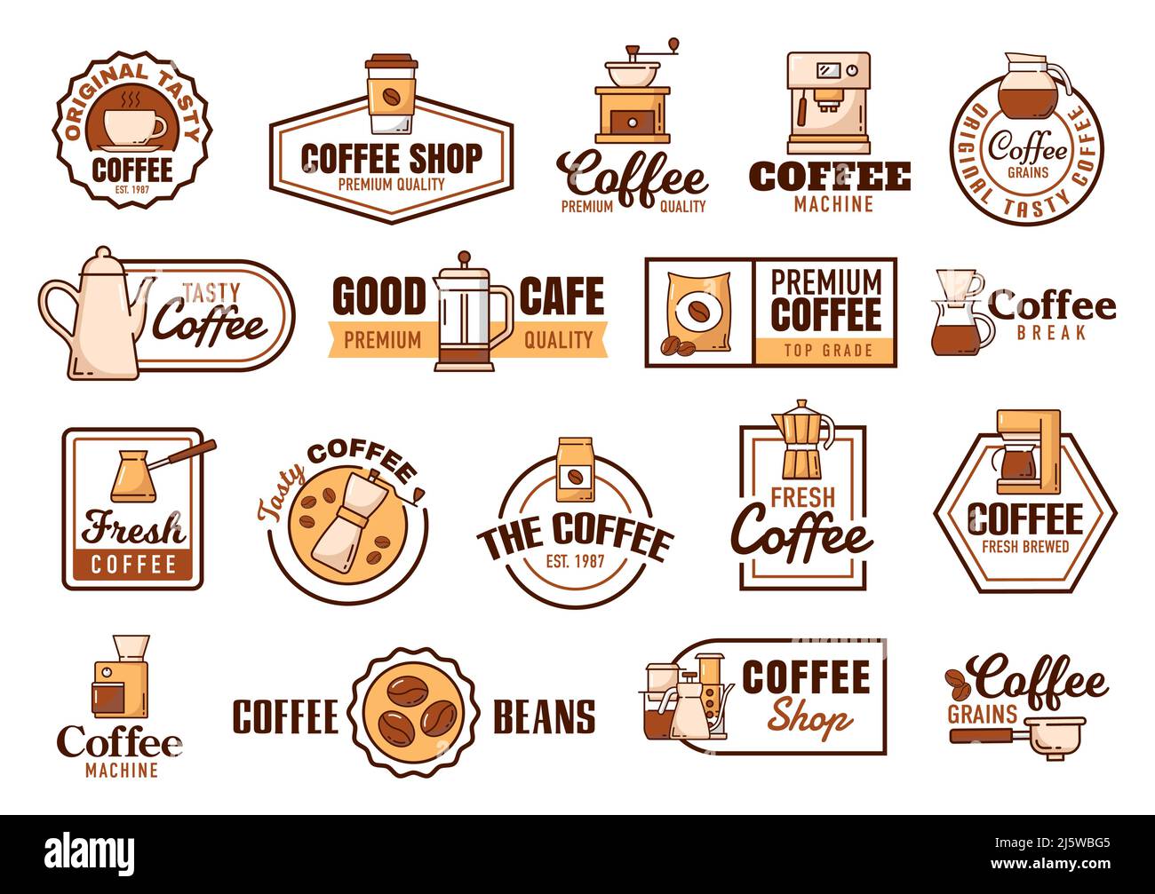 Coffee cups line icons, coffee machine and pack, mug and french press ...