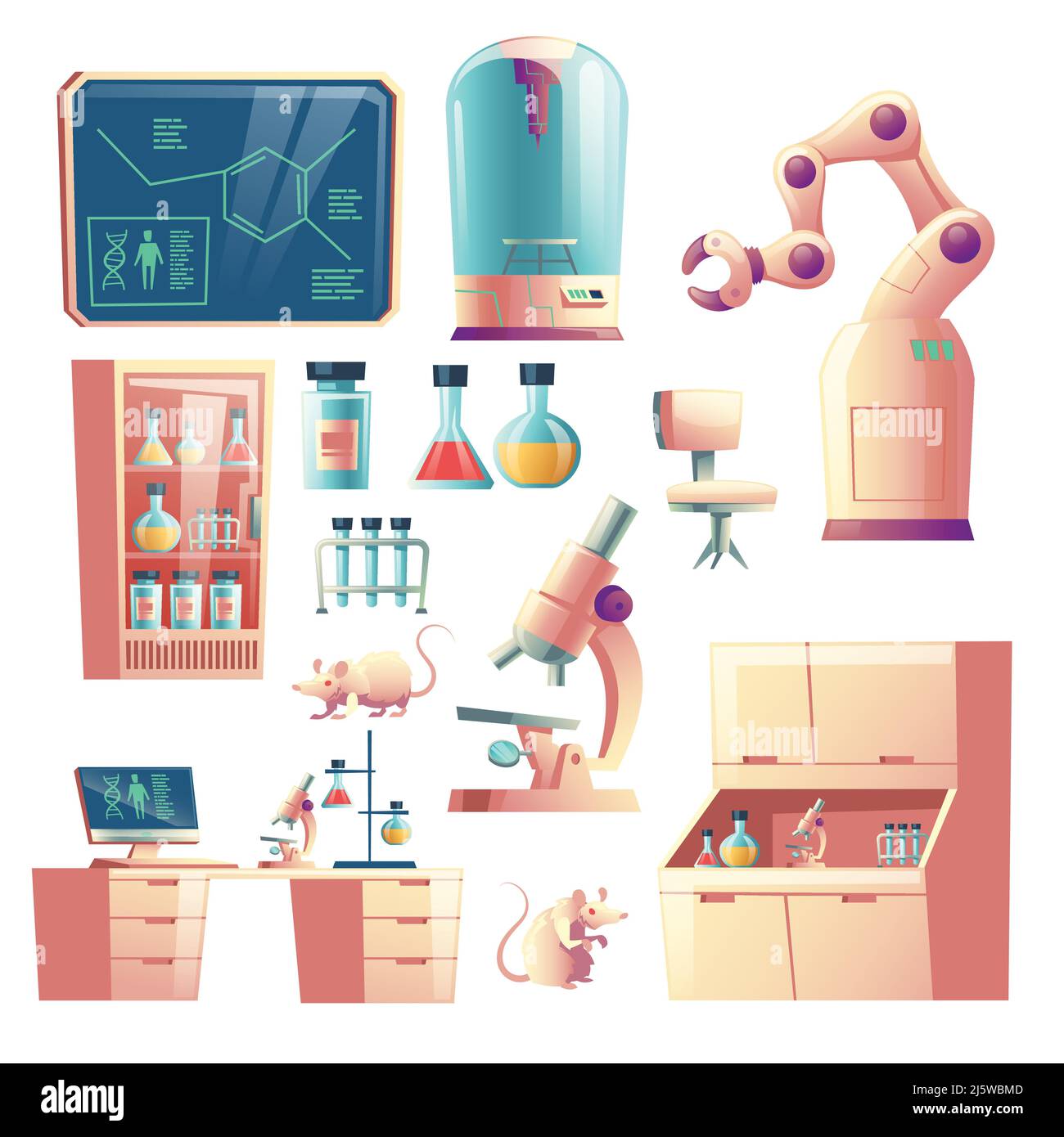 Science genetic laboratory equipment, glassware and tools cartoon ...