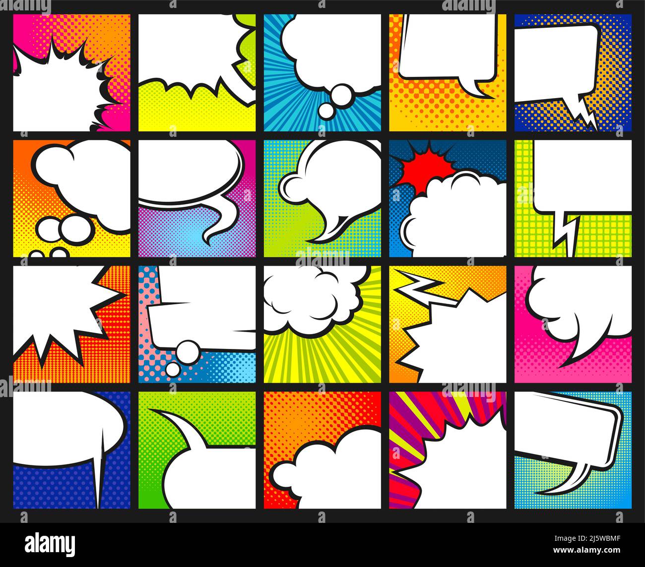Cartoon speech bubbles, pop art comics background. Chat, talk and think ...