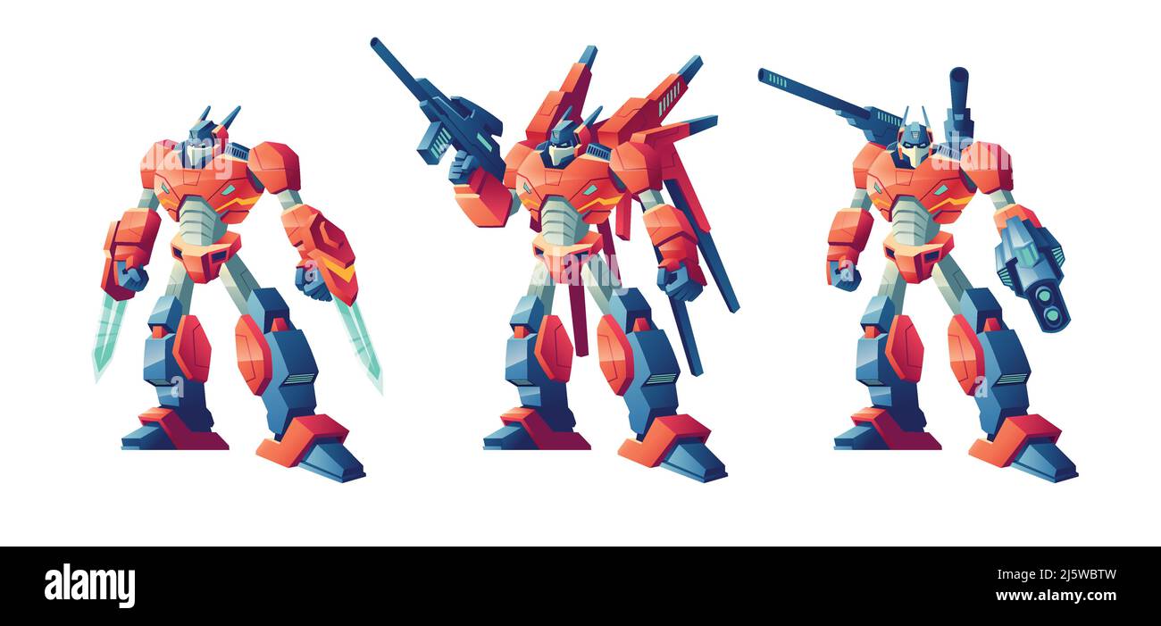 Battle robots, transformers armed laser swords, plasma gun and shoulder ...