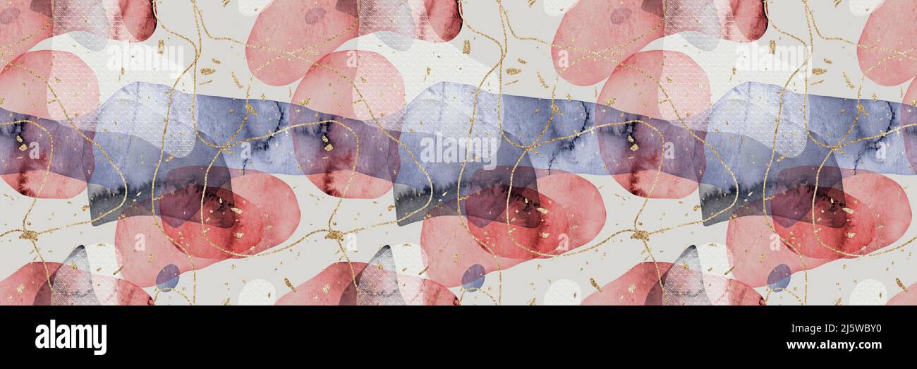 Seamless watercolor abstract organic blob shape overlay with gold lines ...