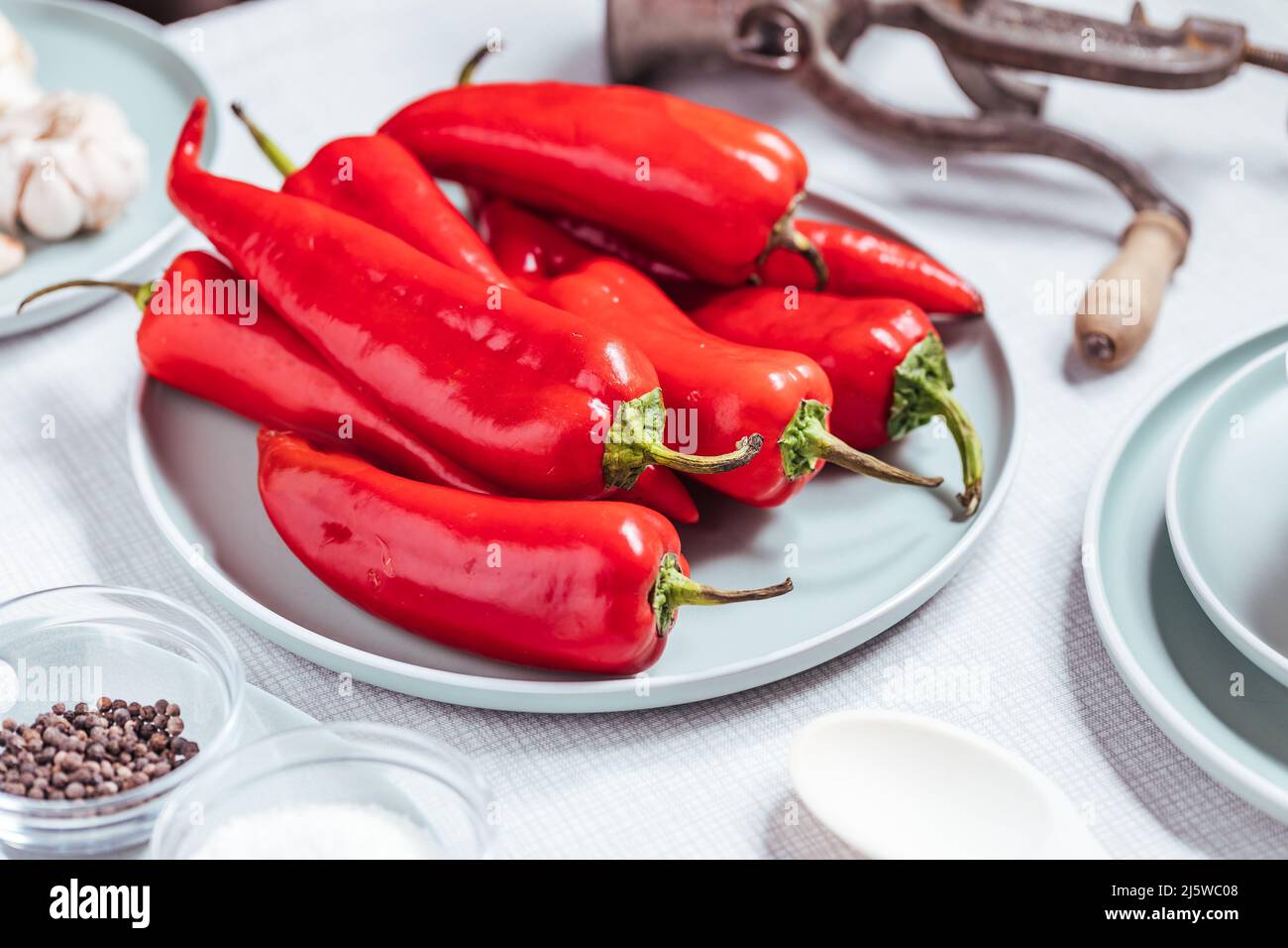 Spread called ajvar made from red peppers and eggplant, recipe making ...