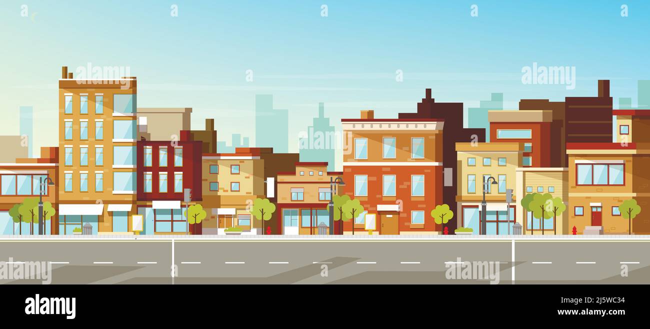 Modern city, town street flat vector with low-rise houses, commercial ...