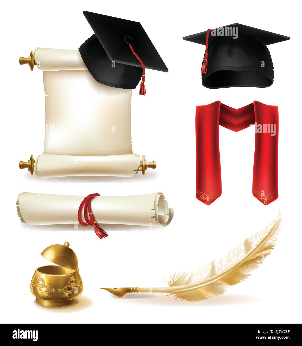 High education graduation symbols realistic vector set with mortarboard ...