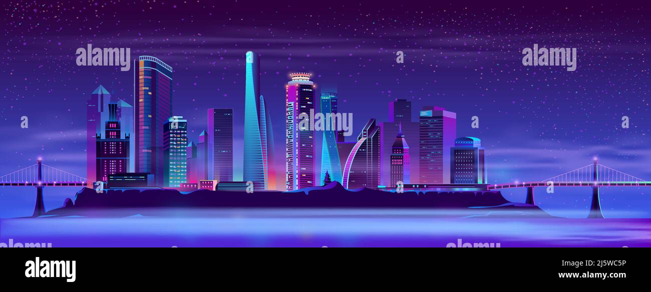 Modern metropolis cartoon vector night urban background in neon colors ...