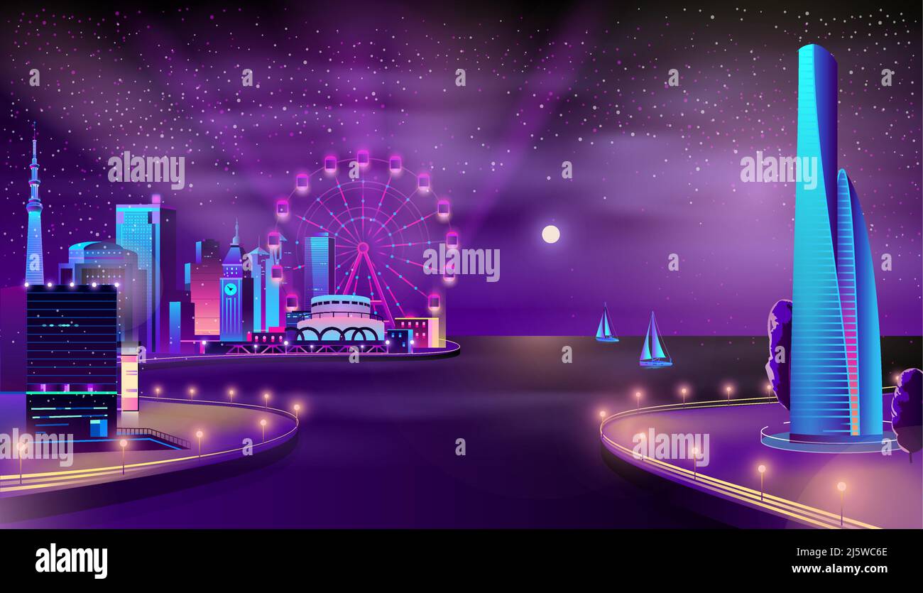 Modern metropolis seafront neon colors cartoon vector with yachts ...