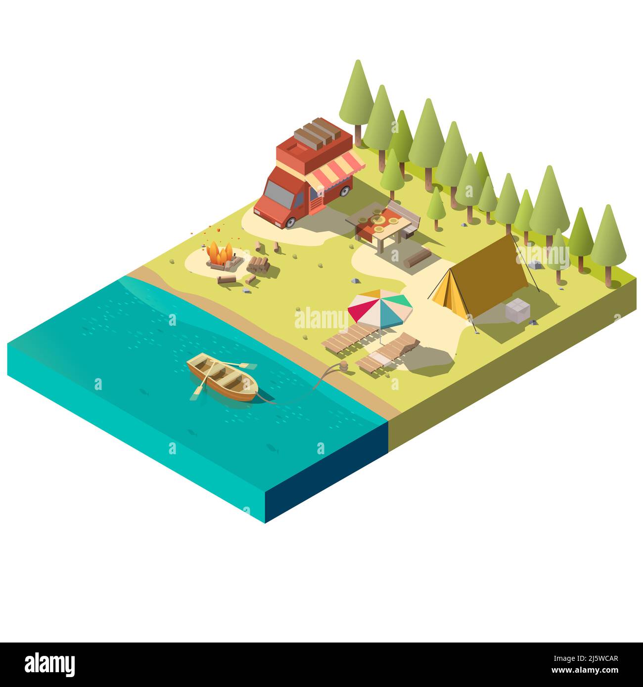 Campsite on river shore isometric projection vector with camping van ...