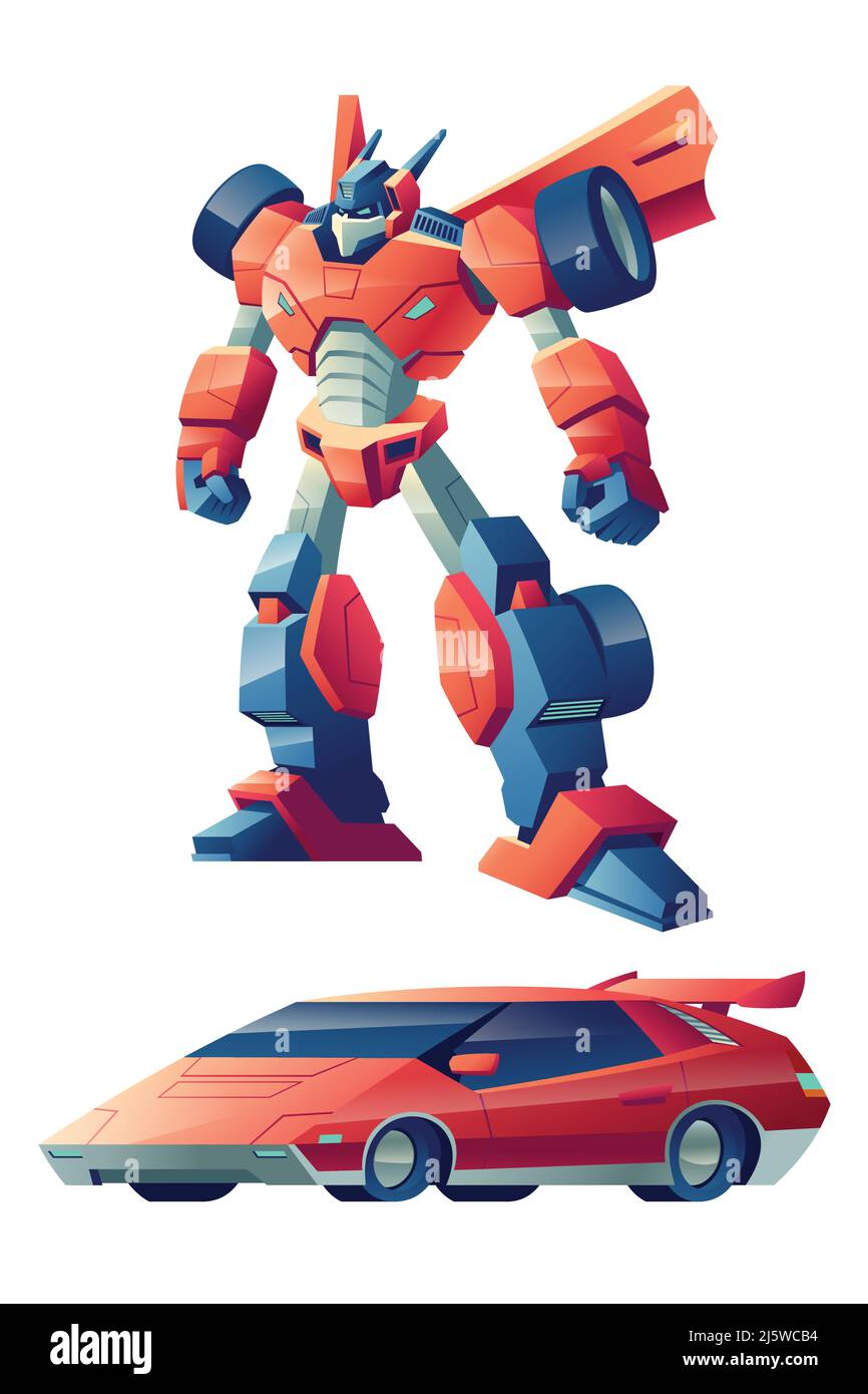 Red battle robot capable to transform in sport car cartoon vector ...