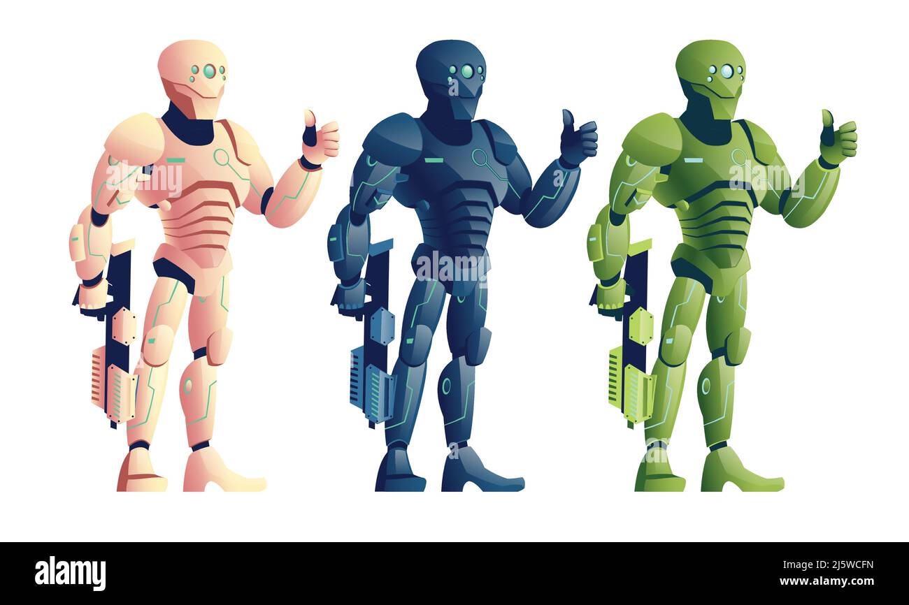 Various color, future cyborg warriors, soldiers in futuristic armor ...