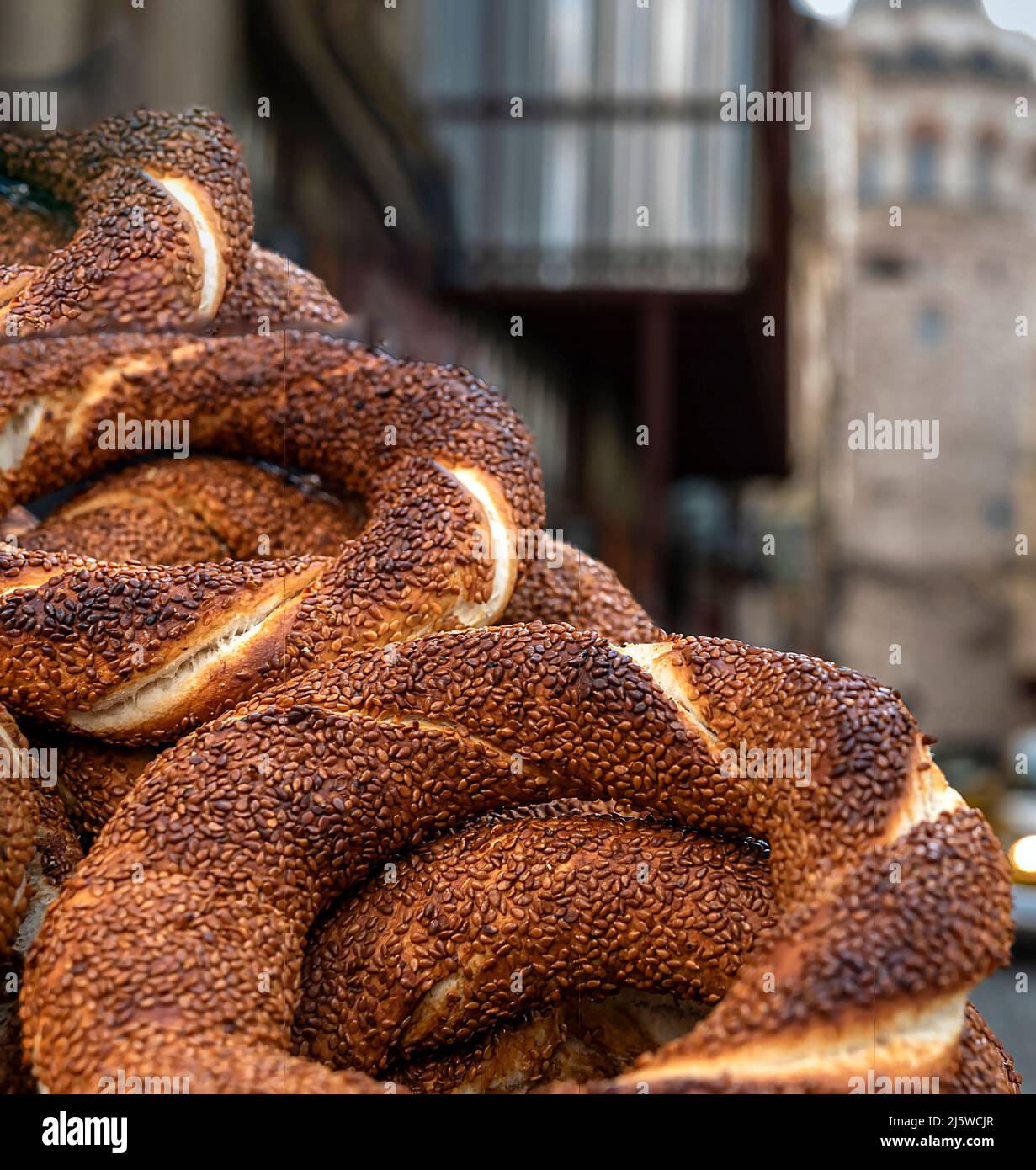 Simit tasting counter in Istanbul Galata Tower Stock Photo - Alamy