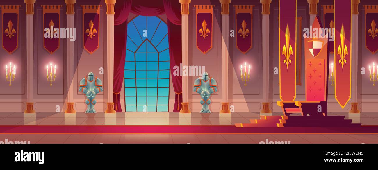Medieval castle, royal palace spacious lit with burning candles, throne ...