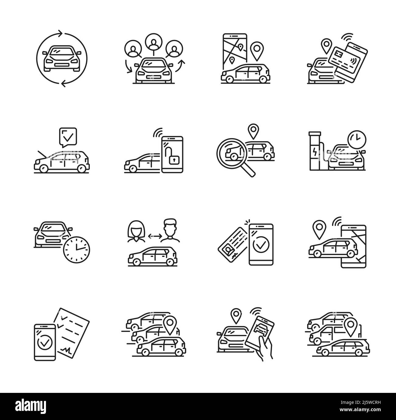 Car share service linear icons, taxi rent and vehicle sharing, vector ...