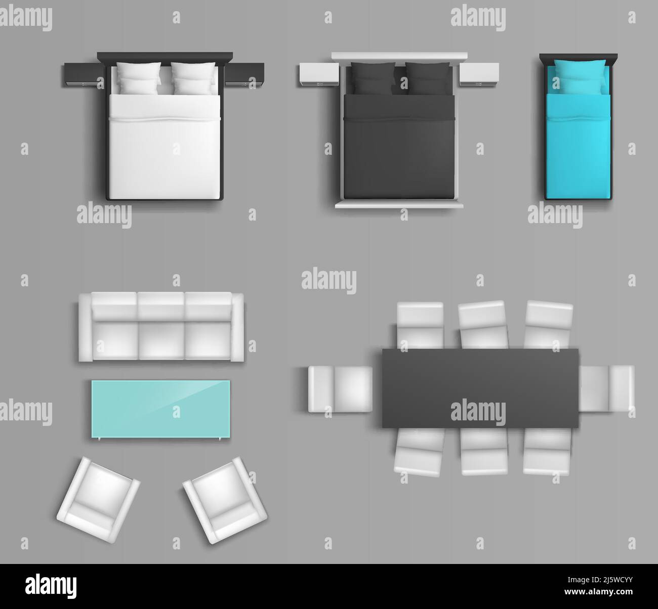 Sleeping bed with various color linens and pillows, soft chairs and ...