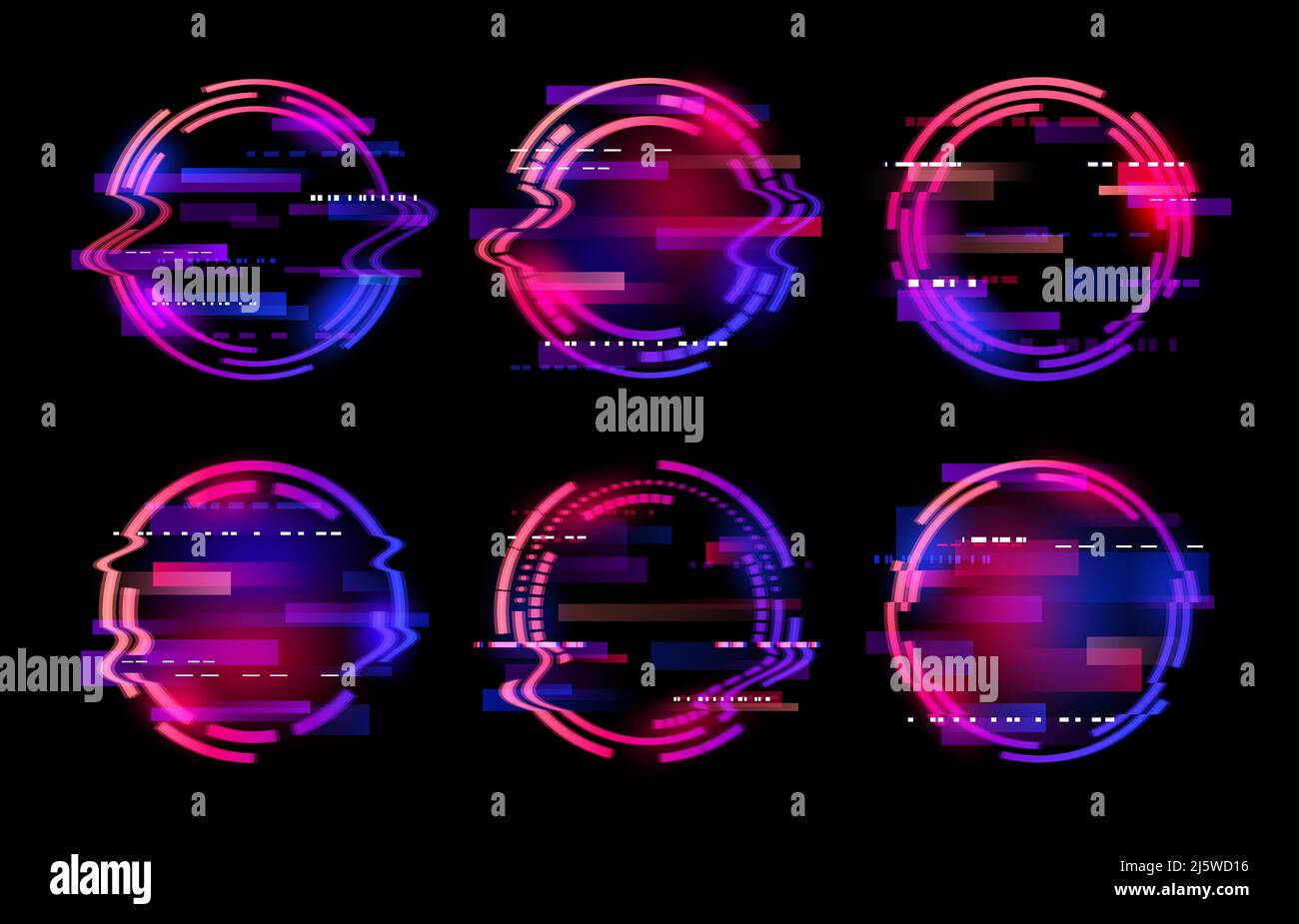Abstract neon circle rings or glitch frames, futuristic technology vector background. Glitch ...