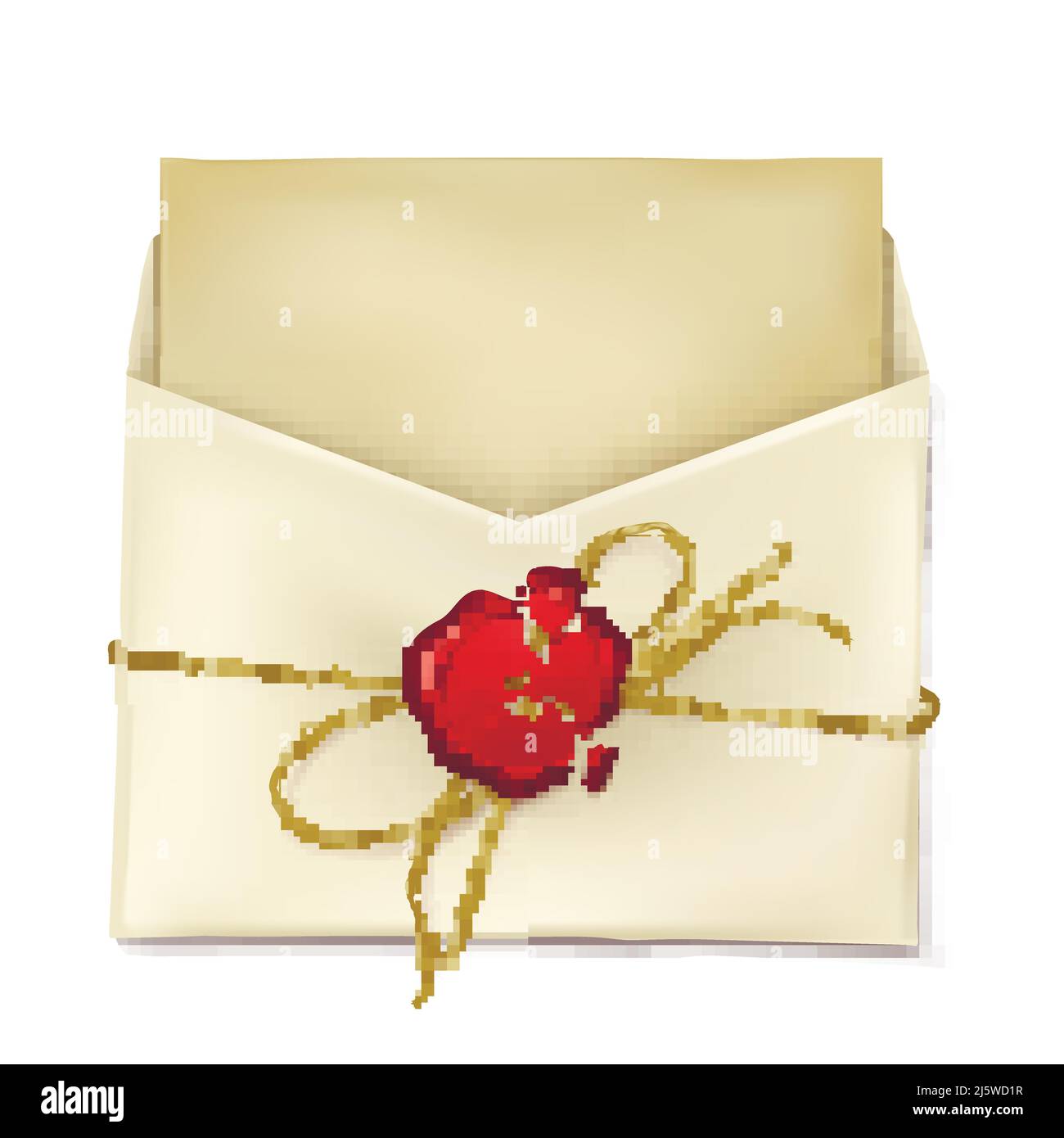 Opened paper envelope with broken red wax seal and letter or card ...