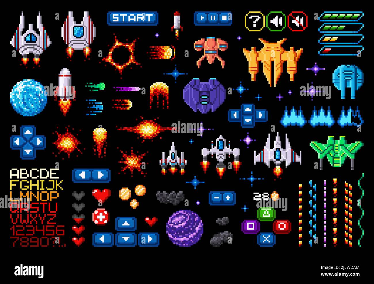 Space game asset 8bit pixel art galaxy planets, rockets, starcraft ...