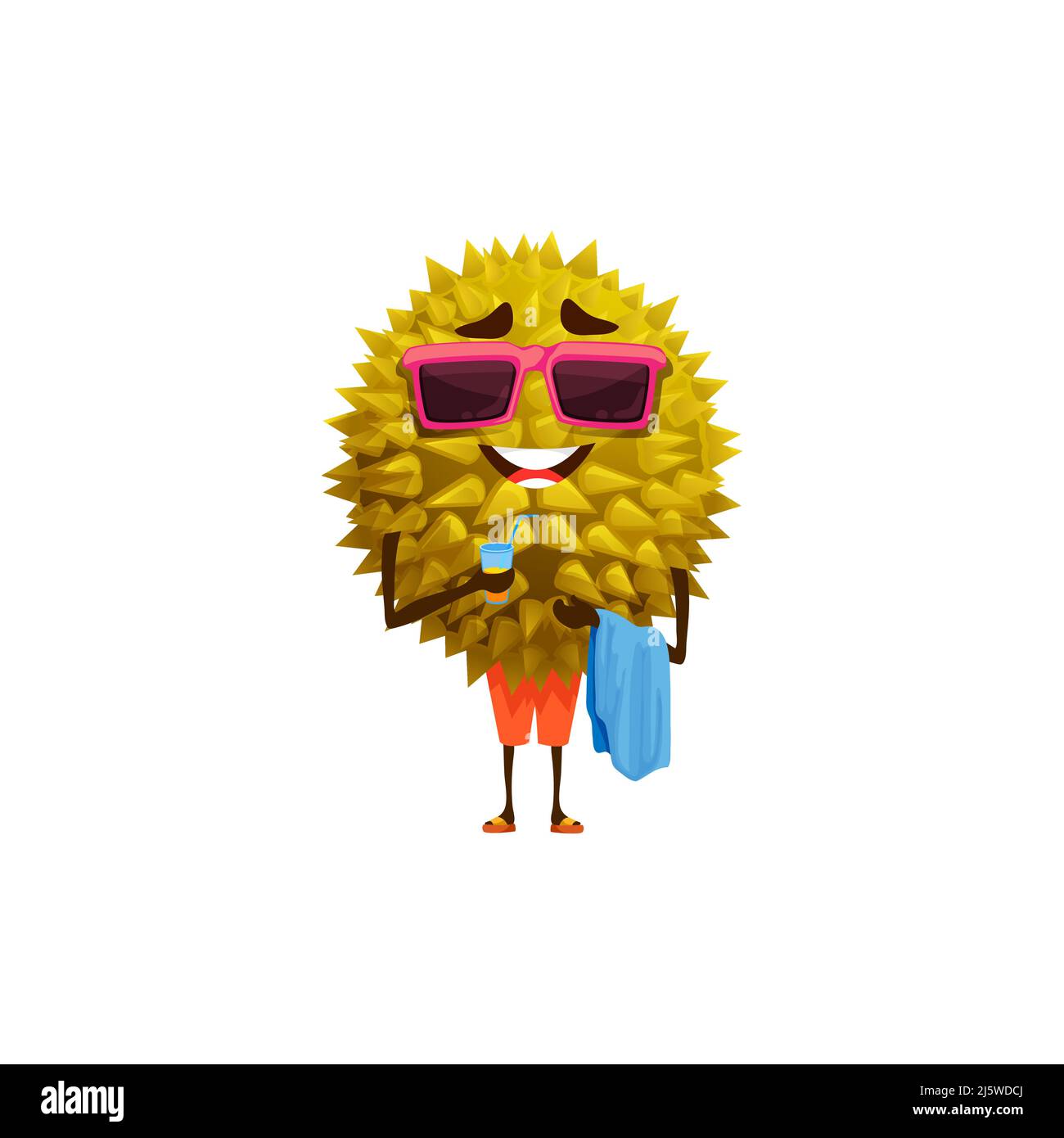 Cartoon cheerful durian fruit character after bathing. Funny tropical ...