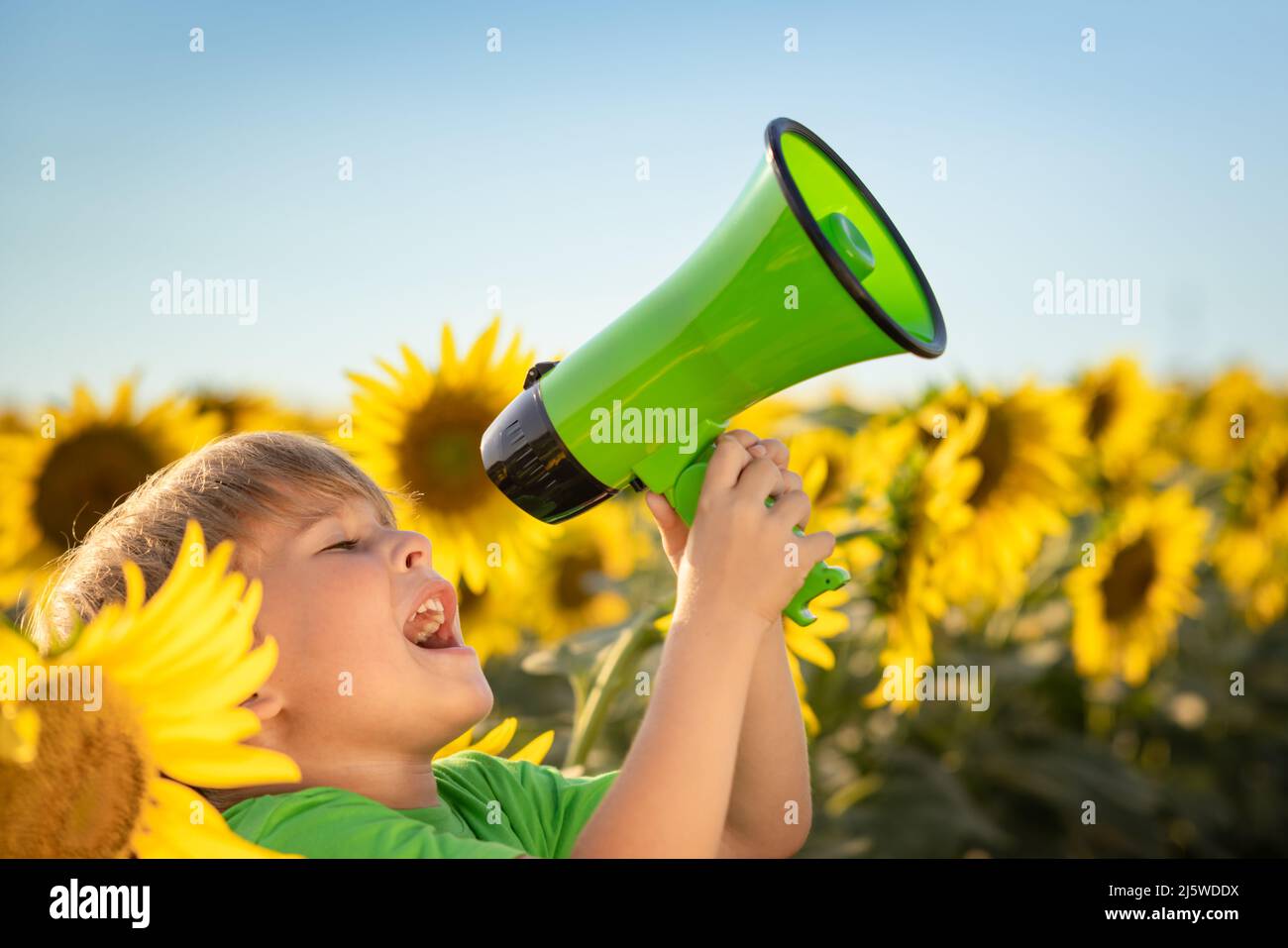 Happy child having fun outdoo in spring field of sunflowers. Kid ...