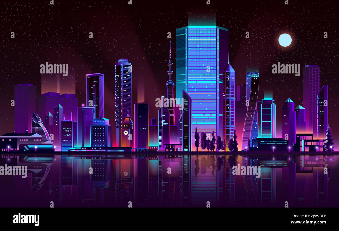 Future metropolis night landscape cartoon vector in fluorescent colors ...