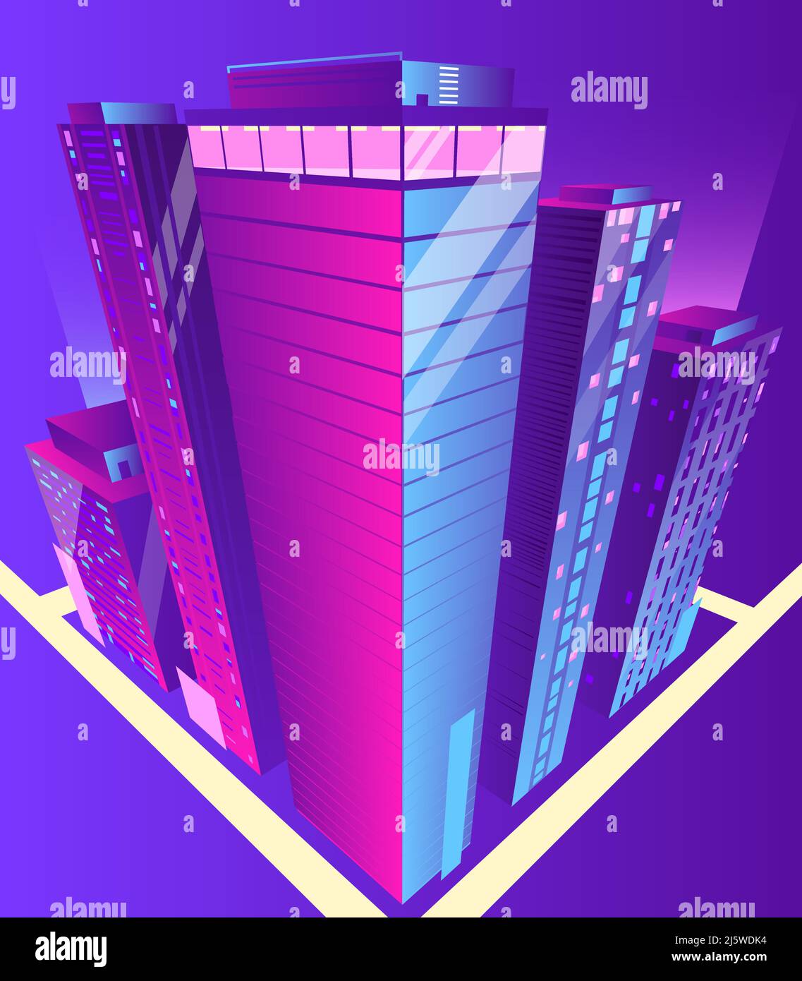 Modern skyscrapers illuminated buildings group isometric projection ...