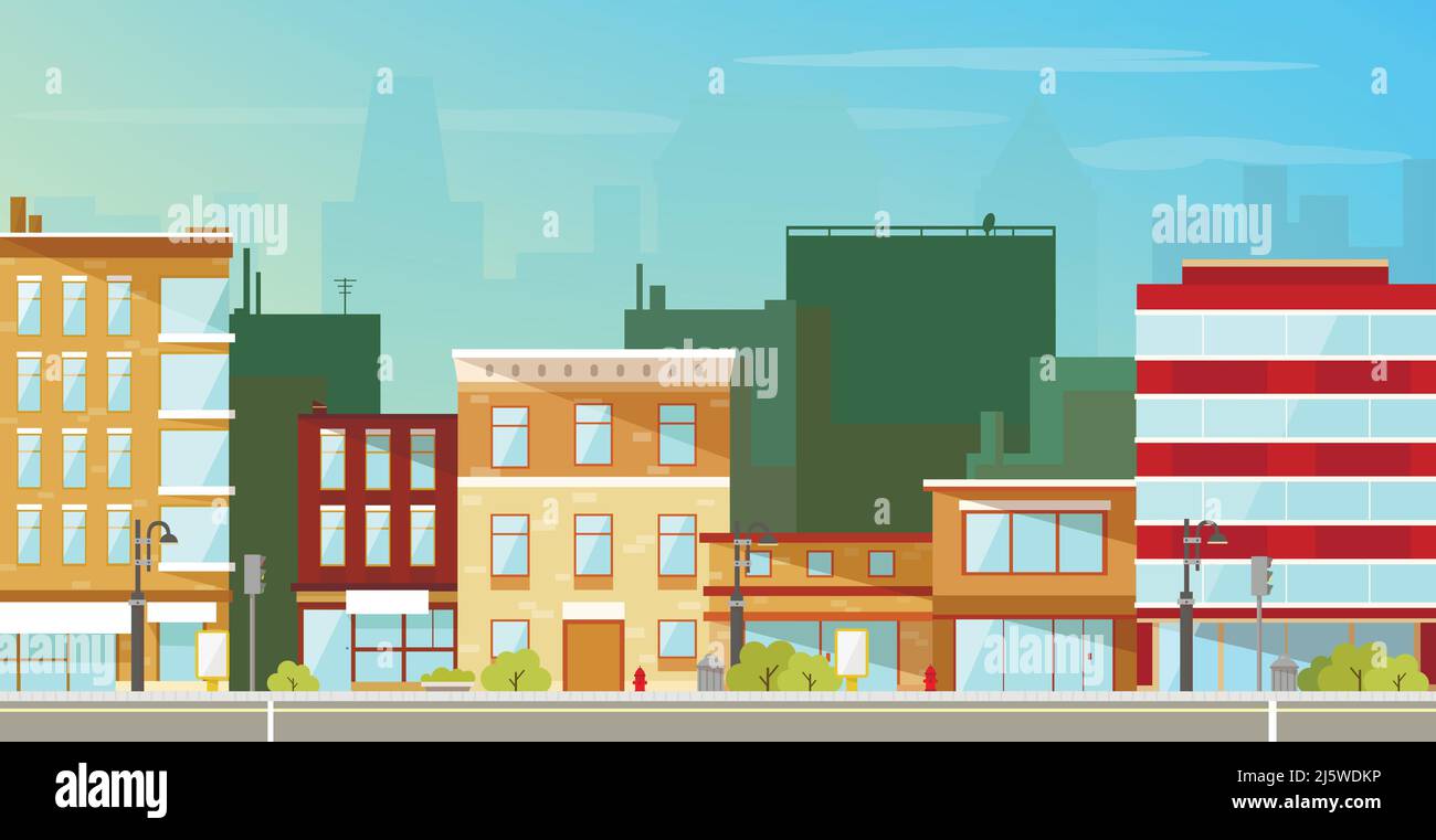 Modern city, town street flat vector with low-rise houses, commercial ...