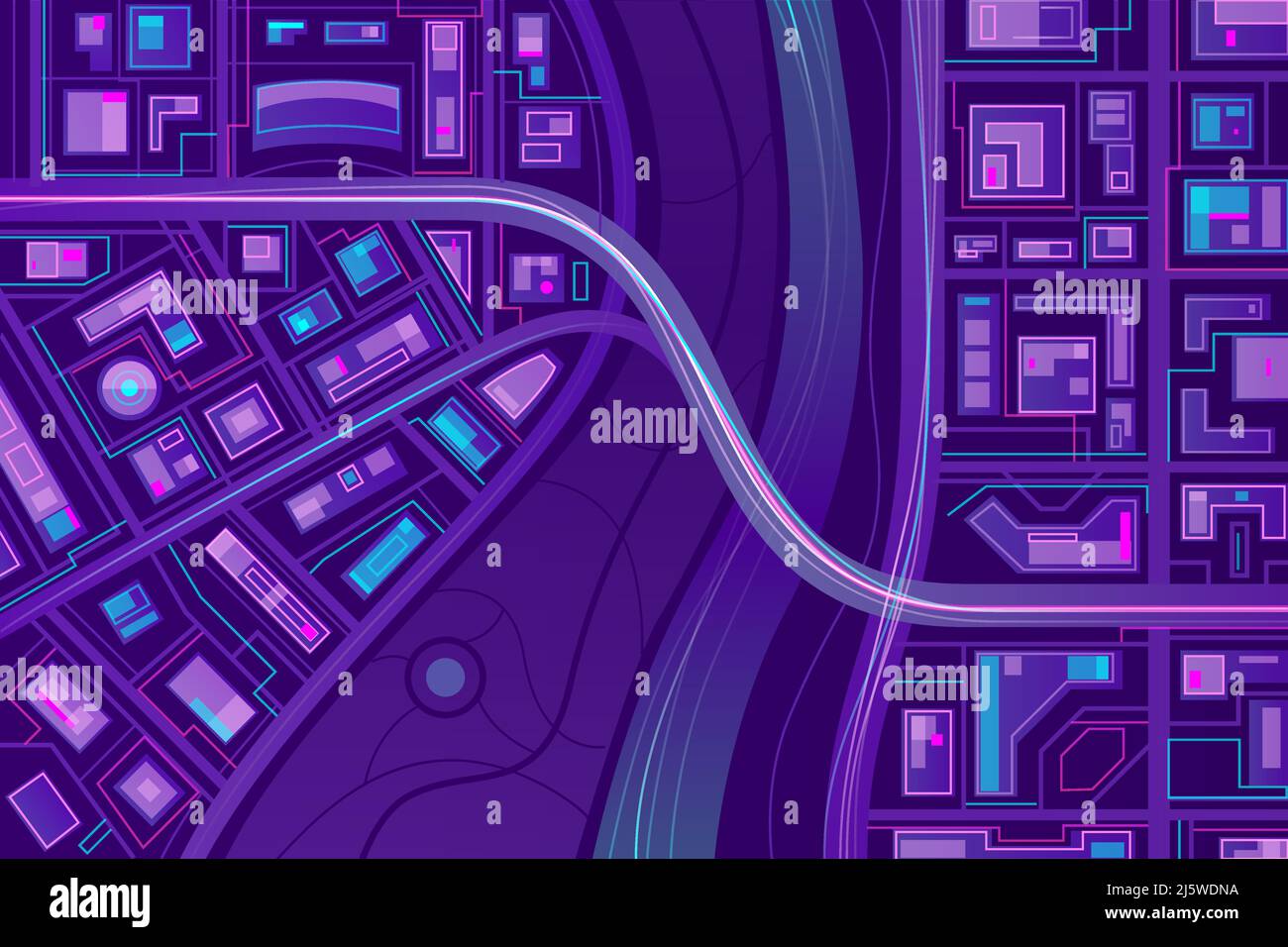 Modern metropolis top view map flat vector in neon color. City quarters ...