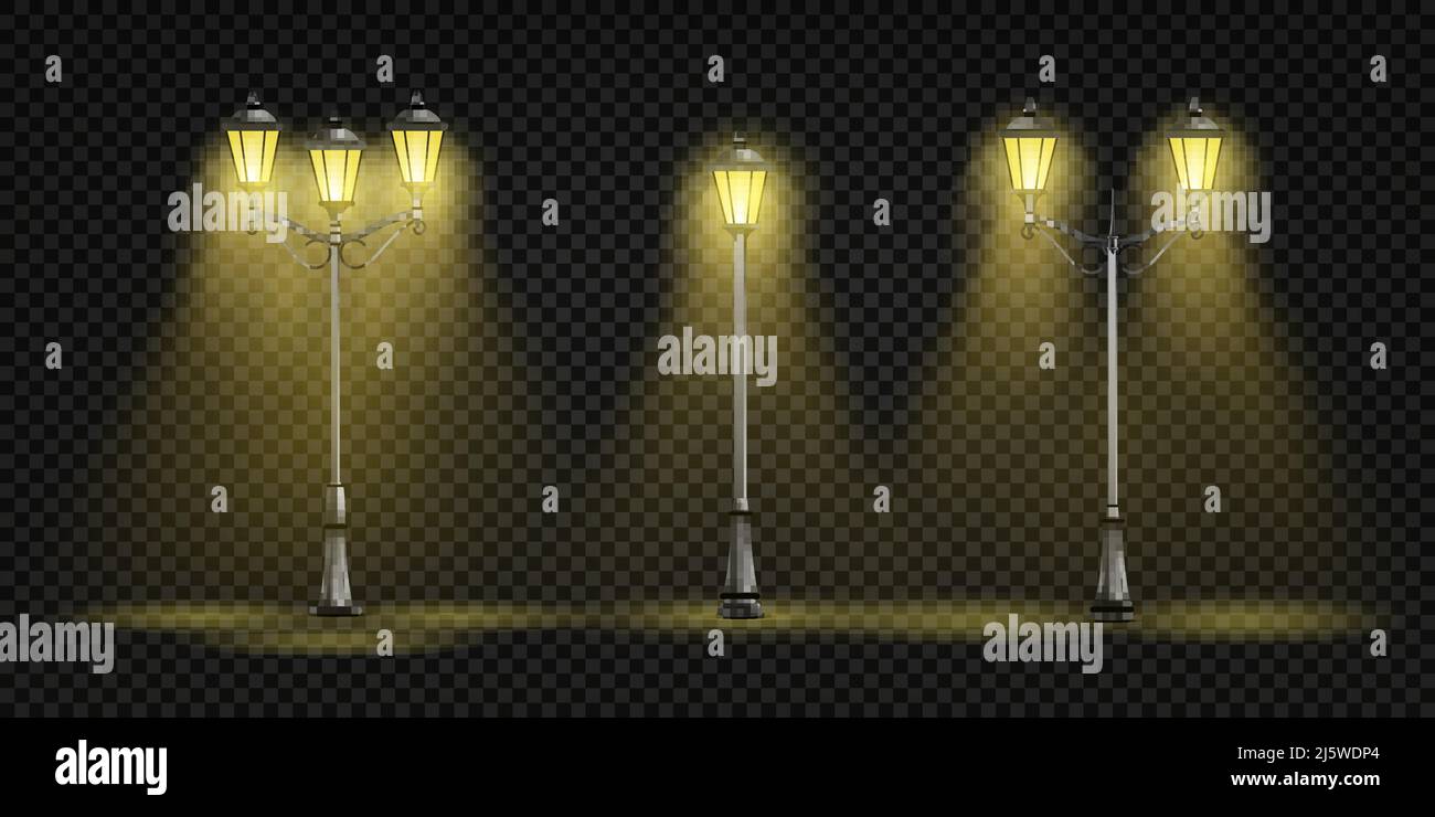 Vintage street lights glowing with yellow light 3d realistic vector set ...