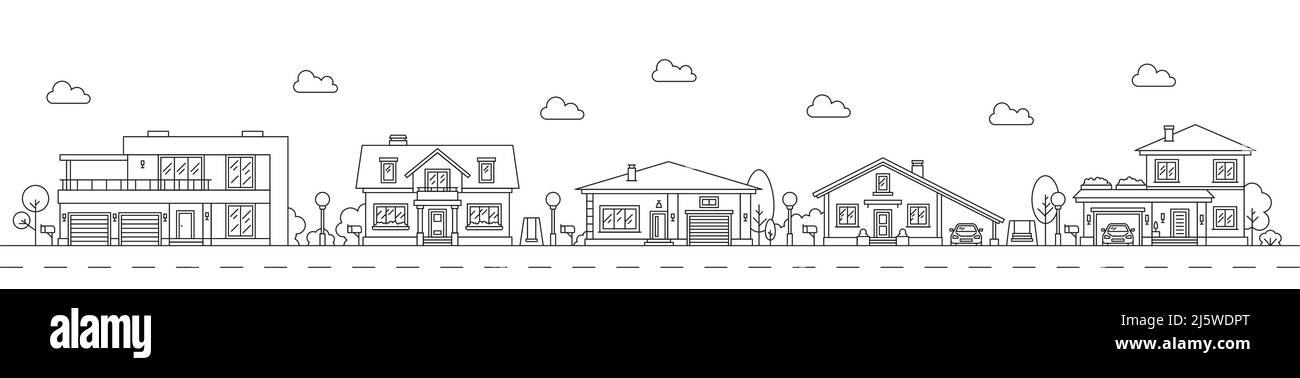 Neighborhood line art cityscape, town city street and houses, vector ...
