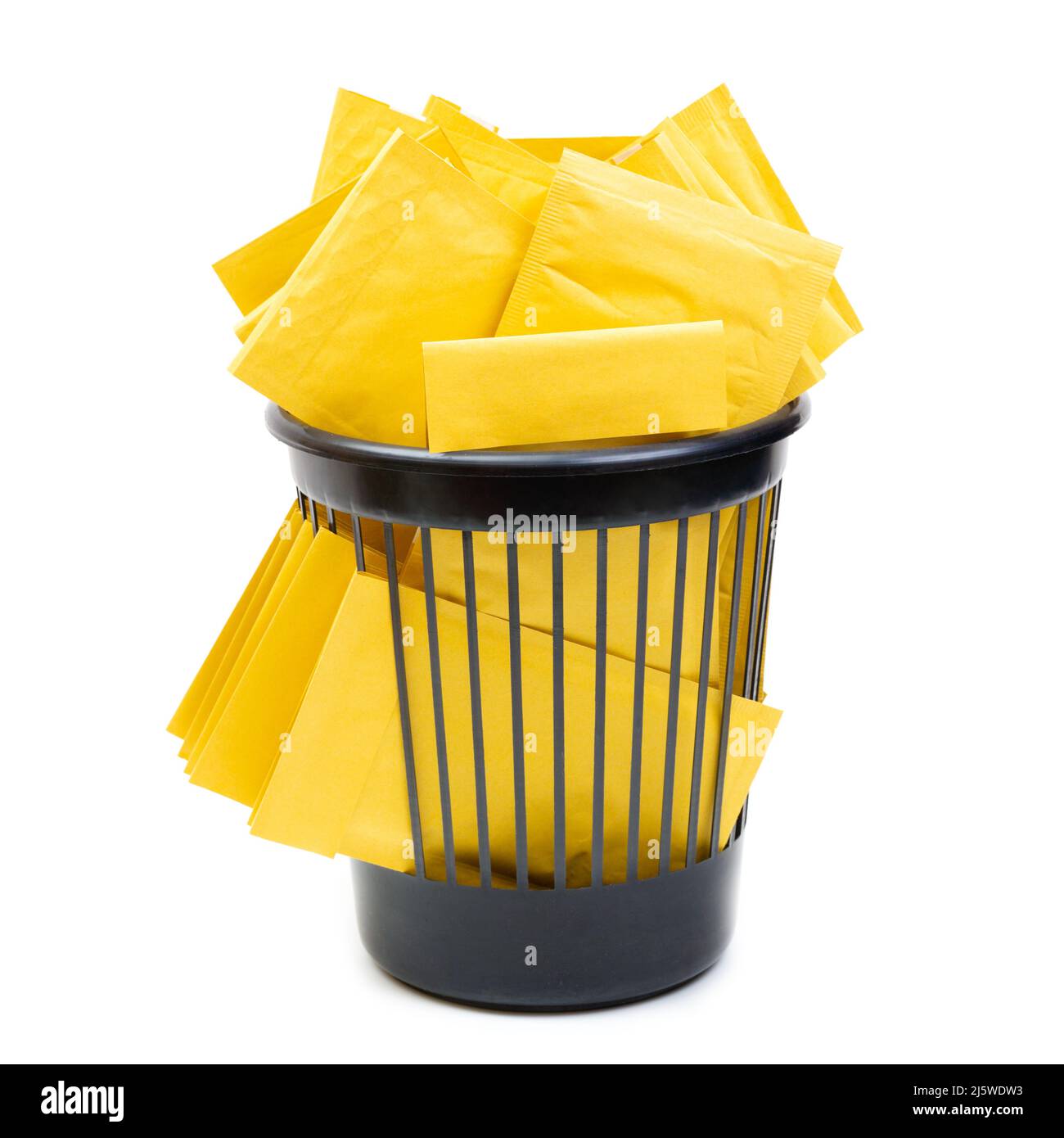 Office bin filled with yellow bubble envelopes isolated on white ...