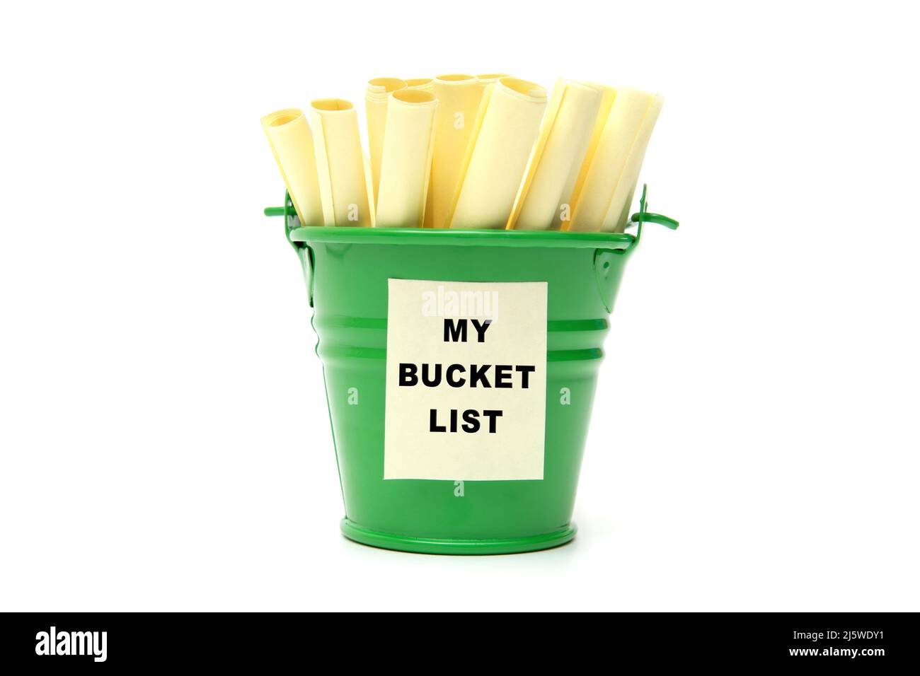 Small greet steel bucket full of paper rolls isolated on white. Paper ...