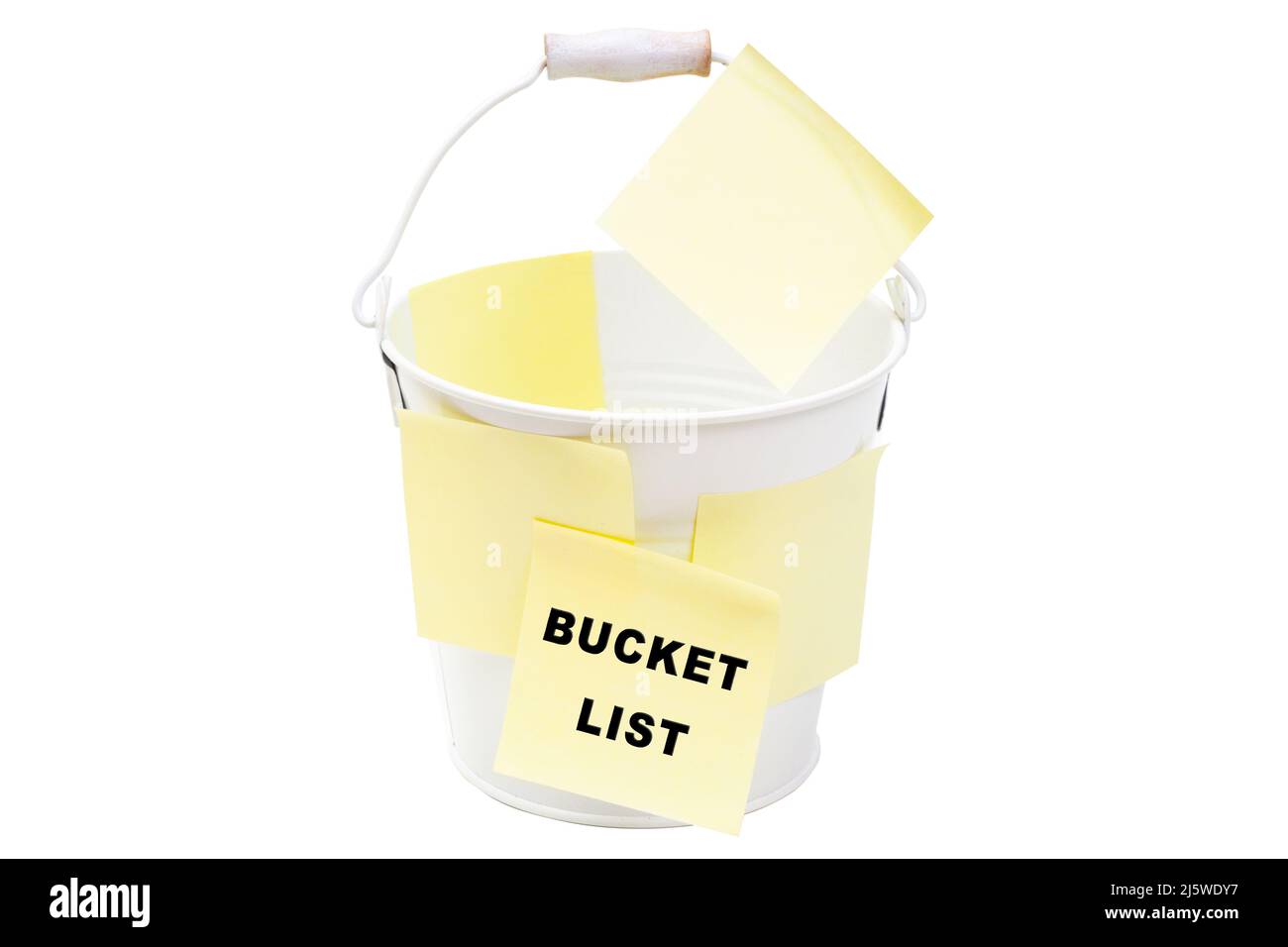 Close-up of a white bucket covered with yellow note stickers reading ...