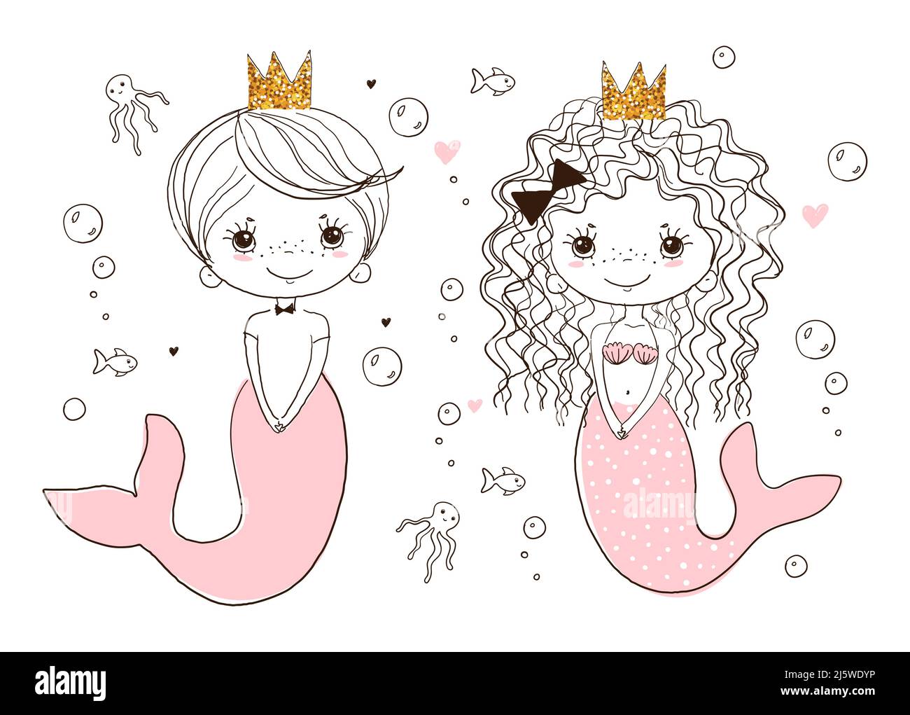 Boy and girl mermaid icon. Prince and princess of the underwater ...