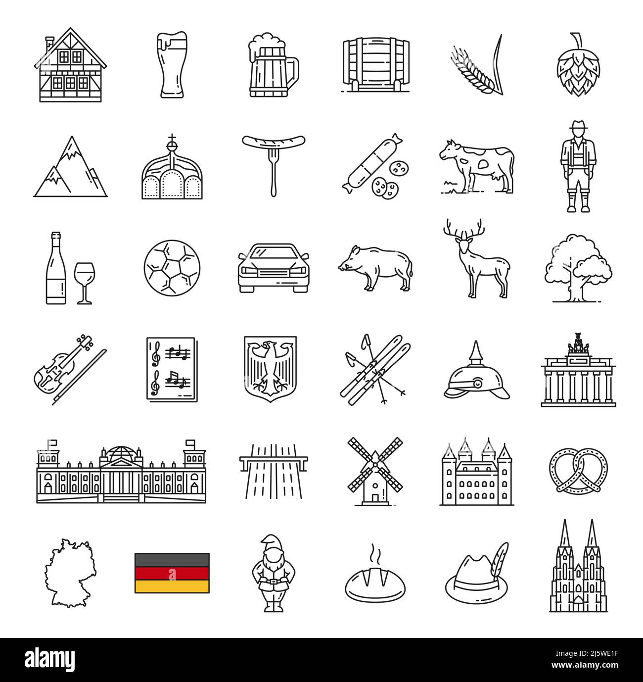 Germany landmarks, food, industry and travel outline icons. Vector ...