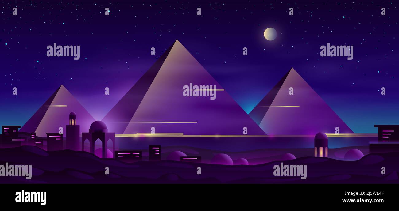 Giza plateau nigh landscape with egyptian pharaohs pyramids complex illuminated with moonlight ...