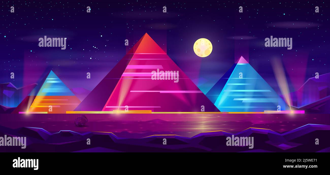 Giza plateau nigh landscape with egyptian pharaohs pyramids complex illuminated with moonlight ...